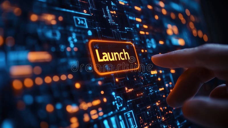 Close Up View of Finger Pressing Launch Button on Digital Interface ...