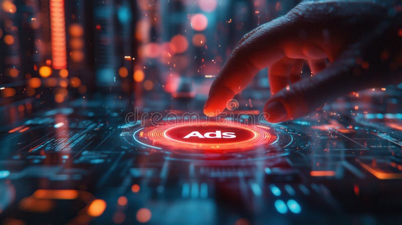 Close Up View of Finger Touching Glowing Ads Button on Digital ...