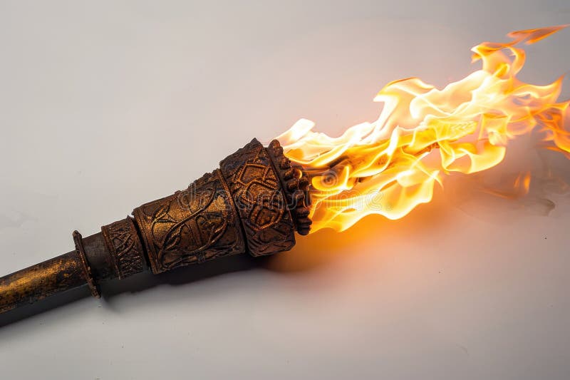 A Close-up View of a Fire Torch with Flames Burning Brightly on a White ...