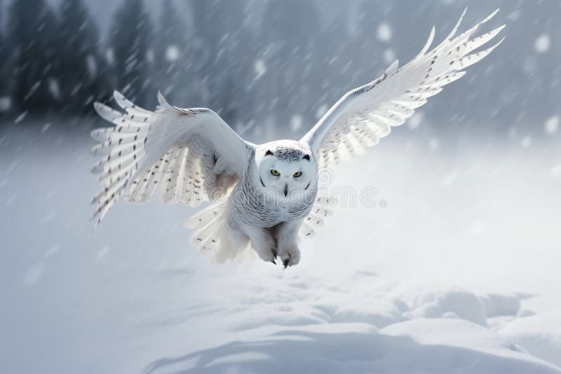 Close-up View of Flying White Snow Owl in Snow in Wild in Winter. Stock ...