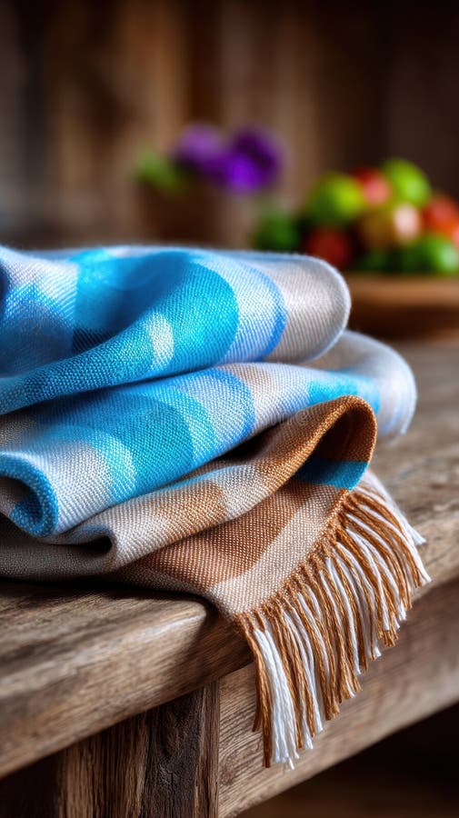 Close-up View of Folded, Patterned Throws with Fringe on Wooden Table ...