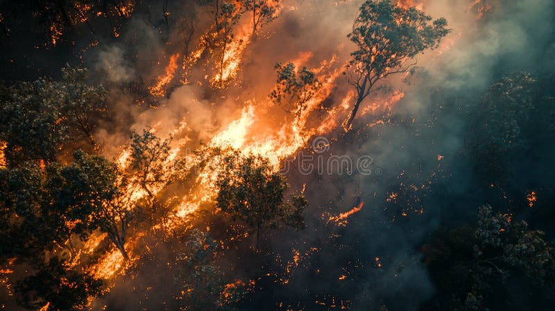 Close-up View of a Forest Wildfire with Intense Flames and Thick Smoke ...