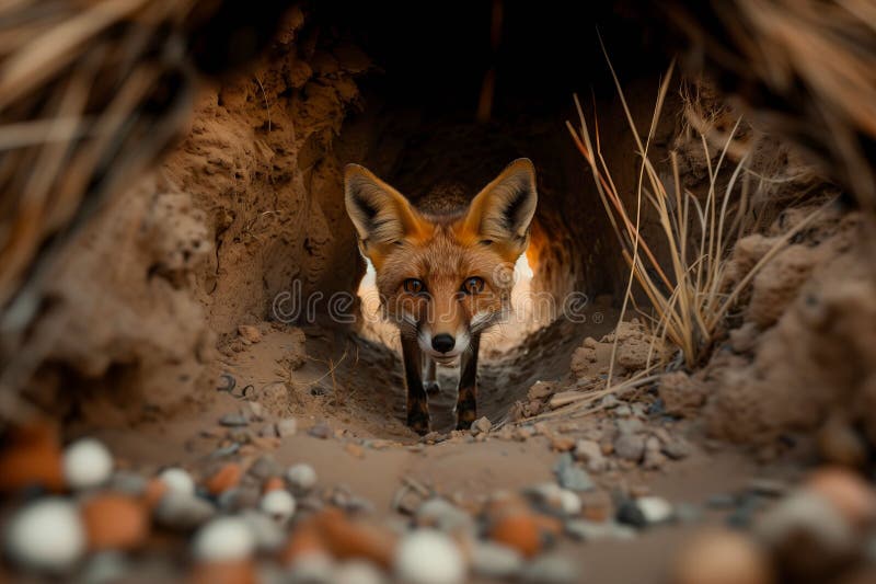 A Close-up View of a Fox Peering through a Burrow in a Natural, Earthy ...