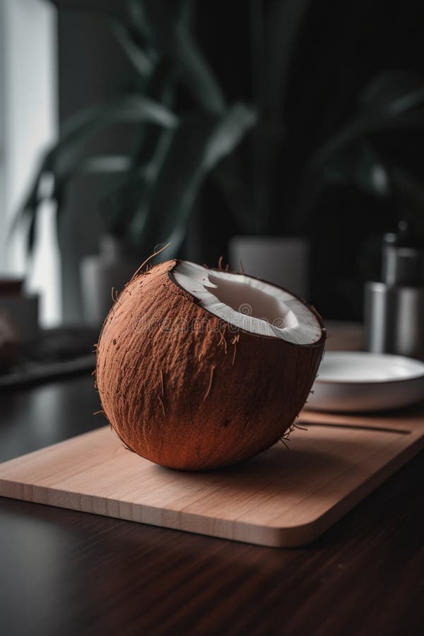 Close-up View of Fresh and Juicy Coconut Nut on a Kitchen Counter Top ...