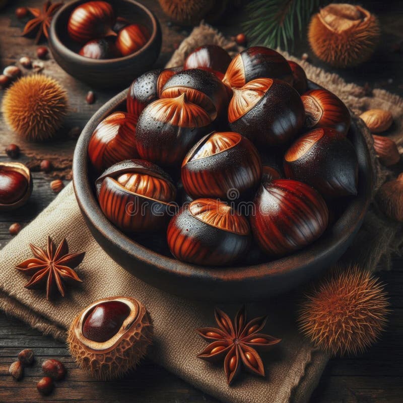 Close-up View of Freshly Roasted Chestnuts with Golden Brown Shells ...
