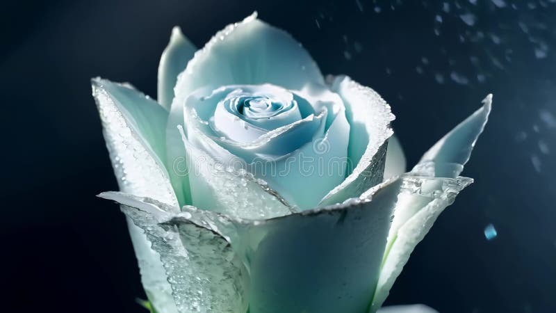Close-up View of a Frozen Blue Rose Gradually Thawing and Opening, with ...