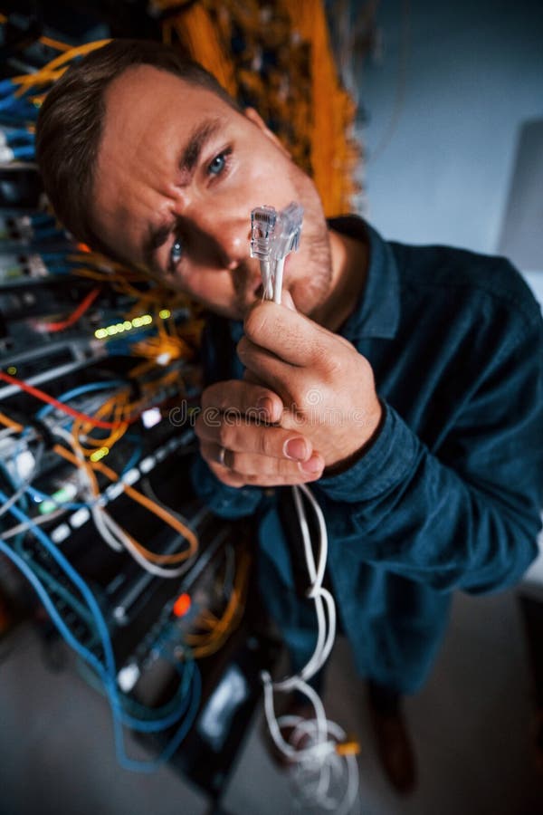 Close Up View of Funny Man with Internet Wires in Server Room Stock ...