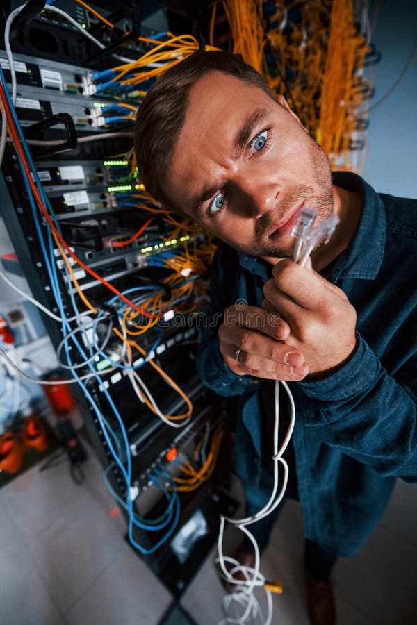Close Up View of Funny Man with Internet Wires in Server Room Stock ...