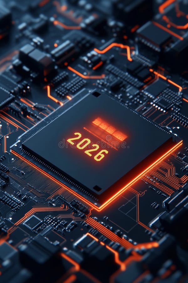 Close-Up View of a Futuristic 2026 Computer Chip, Representing ...