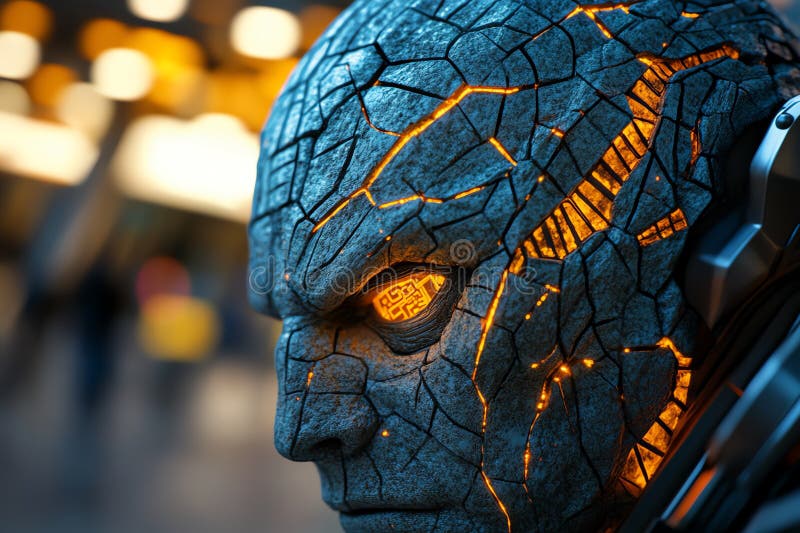 Close-up View of a Futuristic Cyborg with Glowing Lines, Highlighting ...