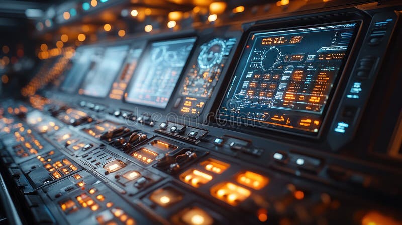 A Close-up View of a Futuristic Spaceship Cockpit with a Lit Up Control ...
