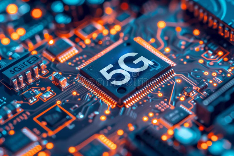 A Close-up View of 5G Computer Chip Illuminated on a Circuit Board ...