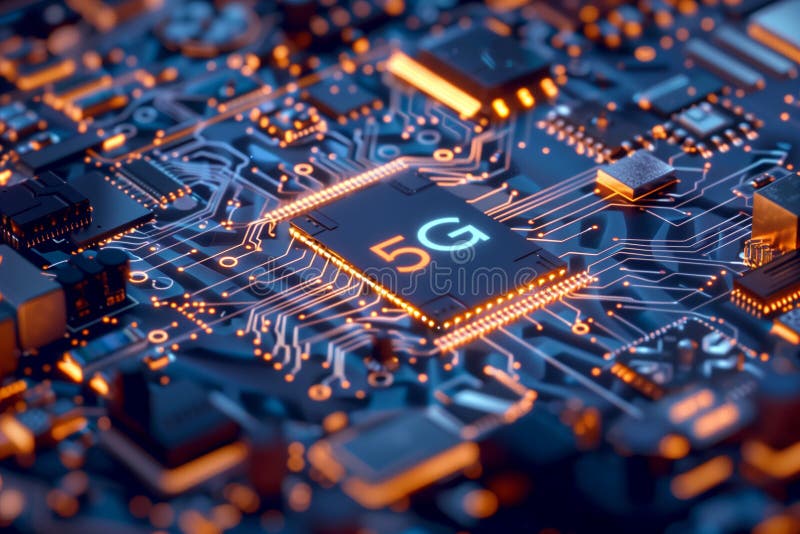 A Close-up View of 5G Computer Chip Illuminated on a Circuit Board ...