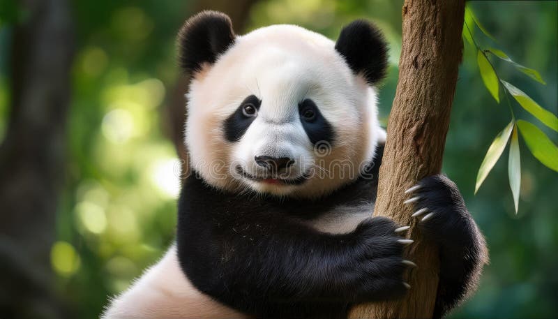 Close-up View of a Giant Panda Hugging a Tree with a Curious and ...