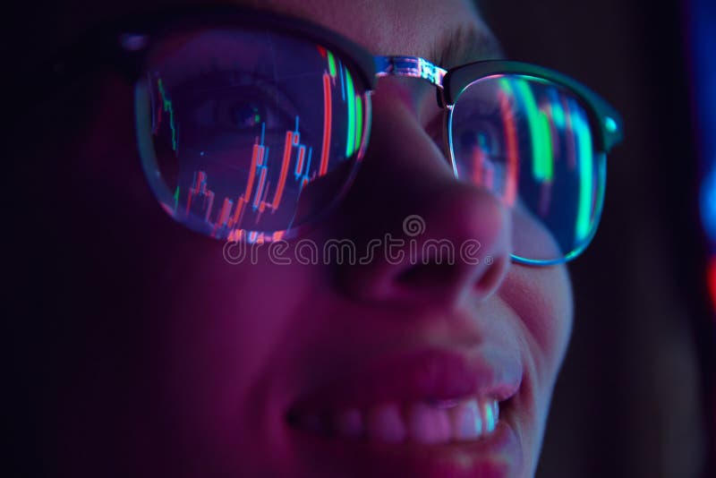 Close Up View of Girl S Eyes in Glasses Looking at Pc Screen with ...