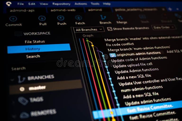 Close-up View of Git GUI Application Showing Commit History, Code Branches, and Development ...