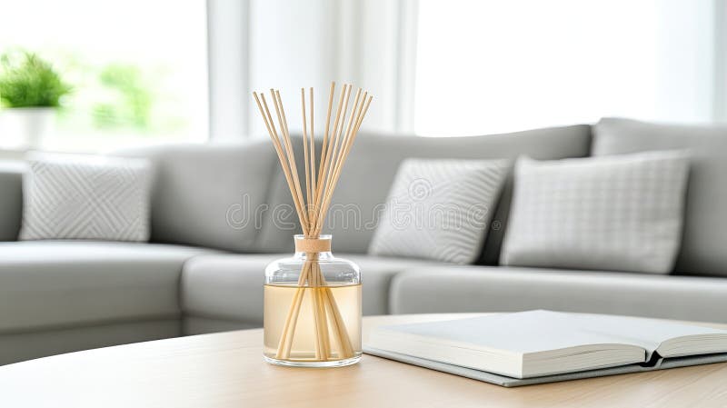 A Close-up View of a Glass Reed Diffuser Surrounded by a Candle and an ...