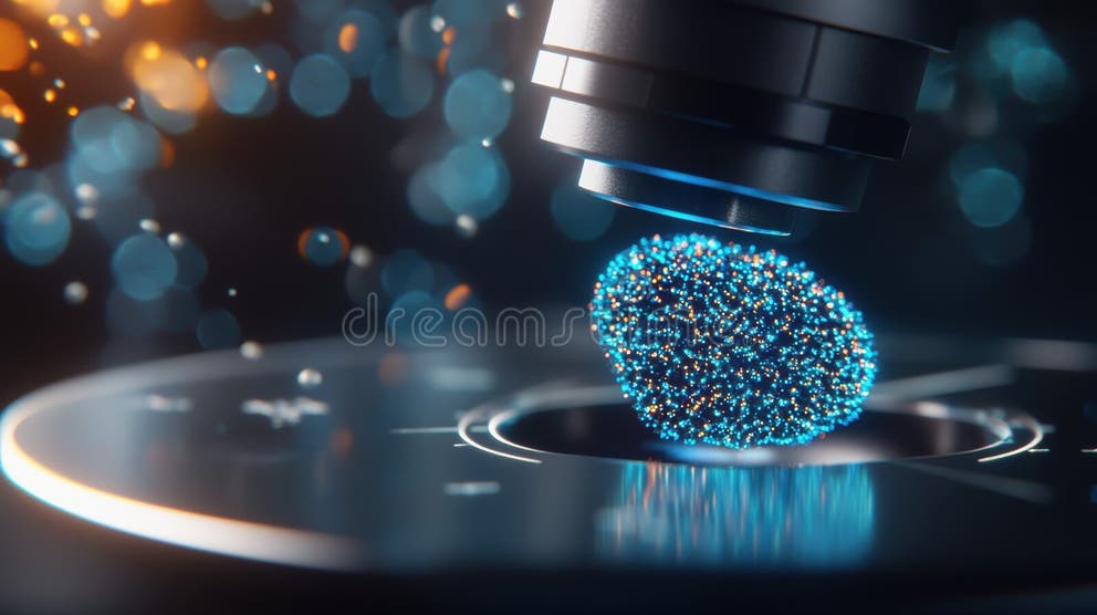 Close-up View of Glittering Blue Microbe Under Microscope with Bokeh ...