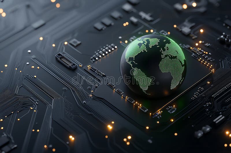 A Close-up View of a Globe Representing Earth Placed on a Dark Circuit ...