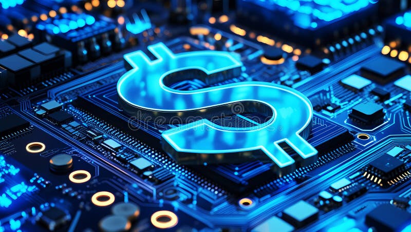 Digital Currency Dollar Sign on a Circuit Board with Blue Digital ...