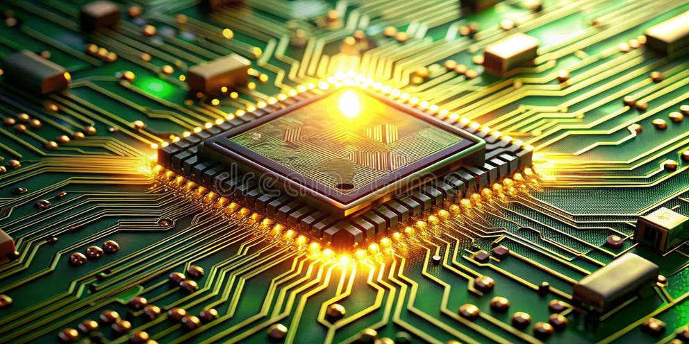 Close-up View of a Glowing Central Processing Unit on a Circuit Board ...