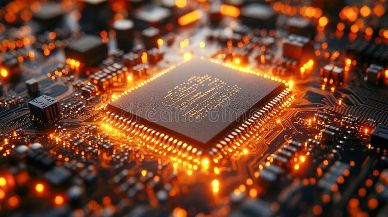 Close-up View of a Glowing Computer Chip on a Detailed Circuit Board ...