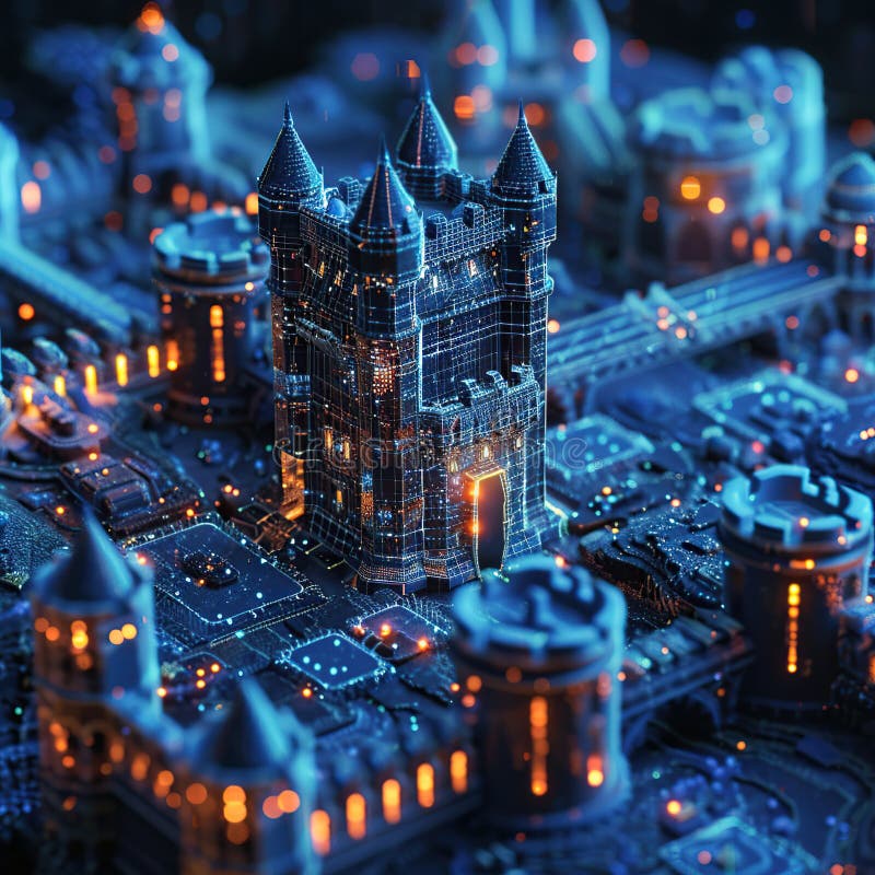 Close Up View of Glowing Digital Castle Tower, Symbolizing Cyber ...