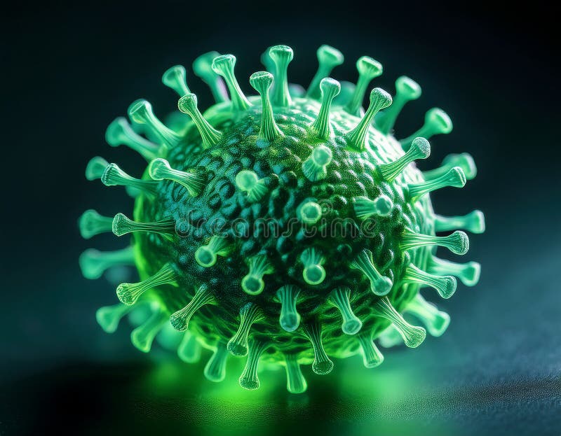Close-up View of a Glowing Green Virus Molecule Stock Illustration ...