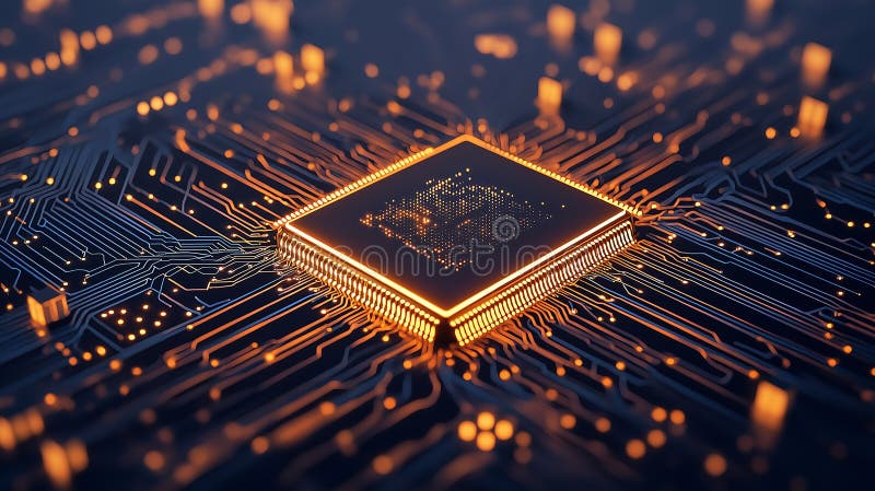 Close Up View of Glowing Microchip Surrounded by Intricate Circuit ...