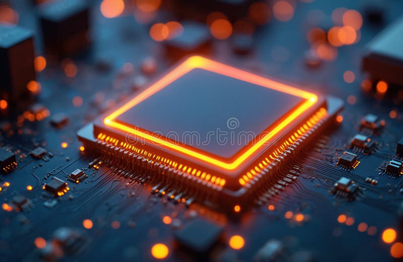 Close-up View Glowing Microprocessor Chip on a Circuit Board ...