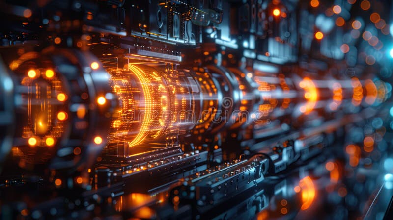 Close-Up View of Glowing Orange Circuitry Inside a Futuristic Machine ...