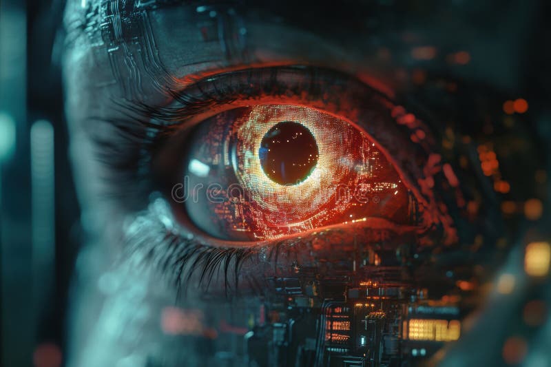 Close Up View of a Glowing Robotic Eye Surrounded by Intricate ...