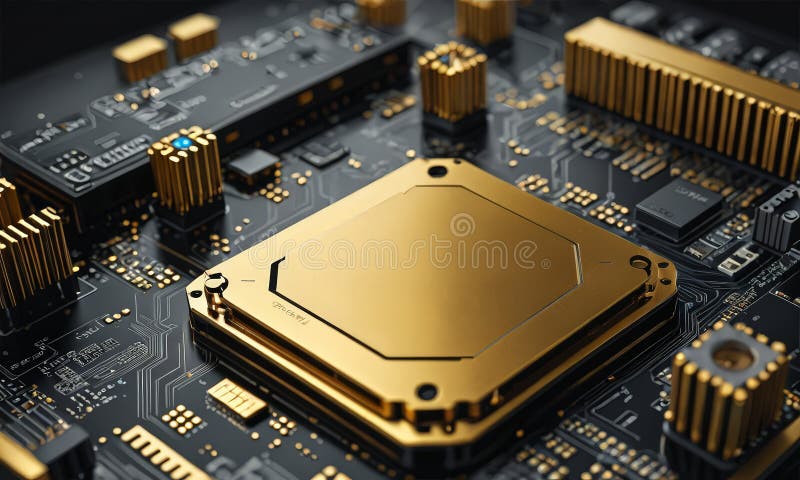 Close-up View Gold-colored CPU Integrated into Black Circuit Board ...