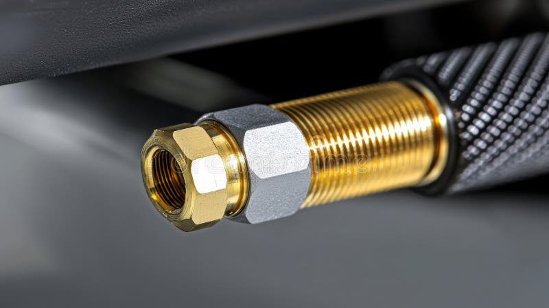 A Close-up View of a Gold Threaded Connector on a Black Hose. Stock ...