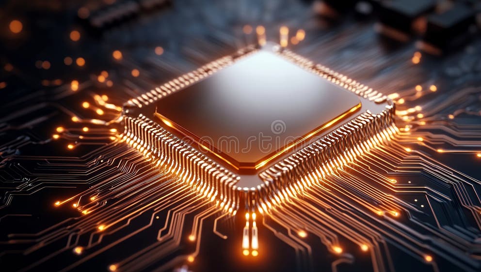 Close-up View of a Golden Central Processing Unit (CPU) Integrated into ...
