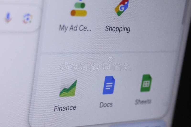 Google Apps Interface with Finance, Docs, and Shopping Icons Editorial ...