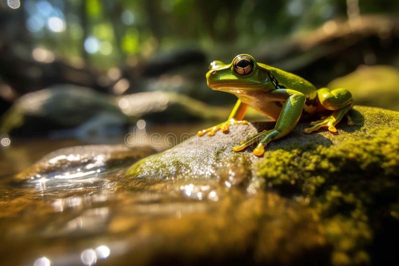 A Close-up View of a Green Frog Floating in a Rainforest. Created with ...