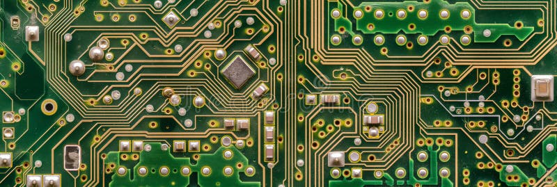 Close-up View of a Green Printed Circuit Board with Intricate Gold ...