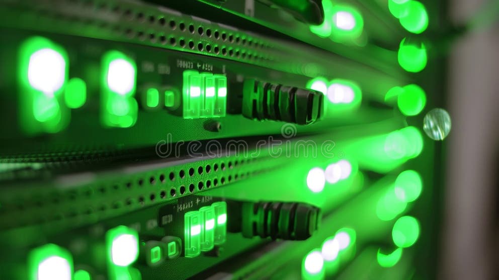 Close-Up View of Green Server Light Indicators Blinking on Server Rack ...