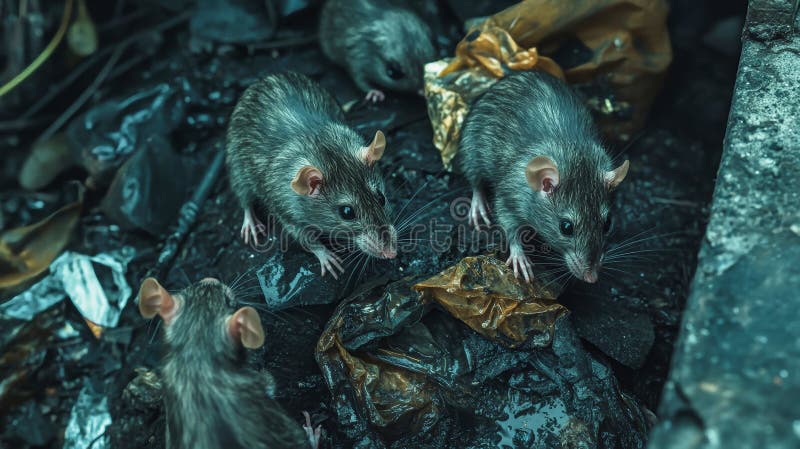 Rats Scavenging in a Basement Filled with Discarded Trash in an ...