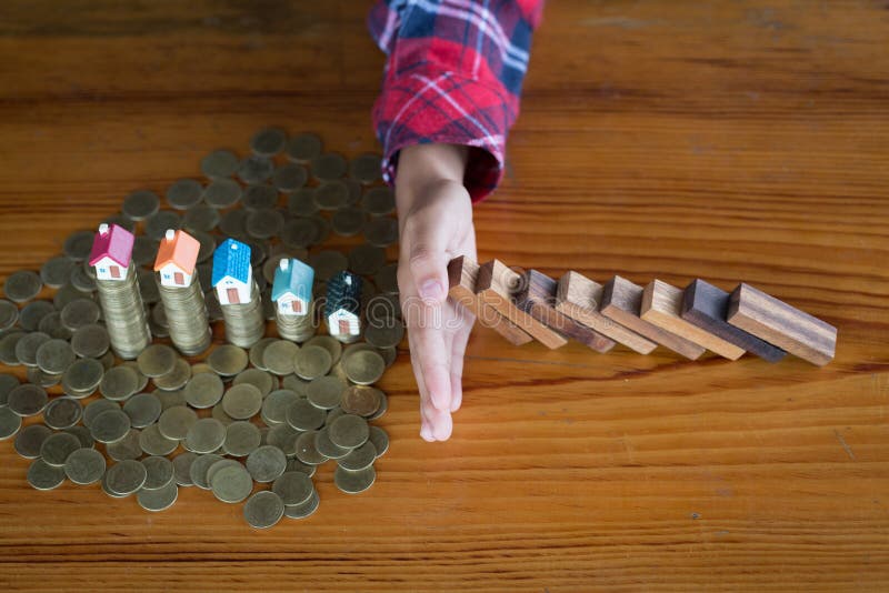 Close Up View on Hand of Business Woman Stopping Falling Blocks Stock ...