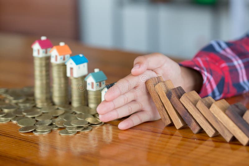 Close Up View on Hand of Business Woman Stopping Falling Blocks Stock ...