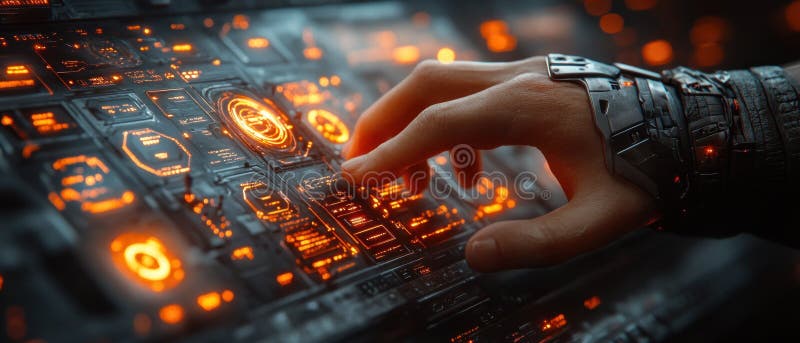 Cybernetic Hand Interacting with Futuristic Interface Stock ...