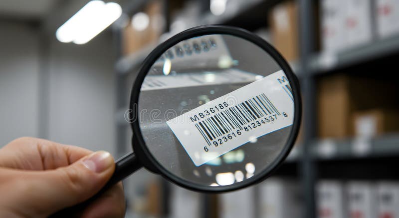 Inspecting Product Barcode with Magnifying Glass in Warehouse Stock ...