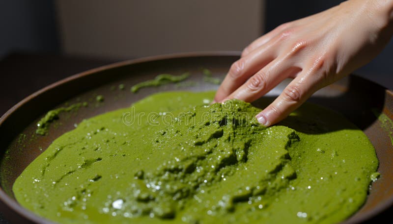 Hand Mixing Vibrant Green Paste in Dark Pan Closeup Stock Illustration ...