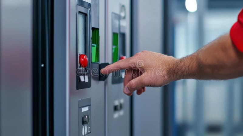 Close-Up of Hand Operating Control Panel Button with Indicators in ...