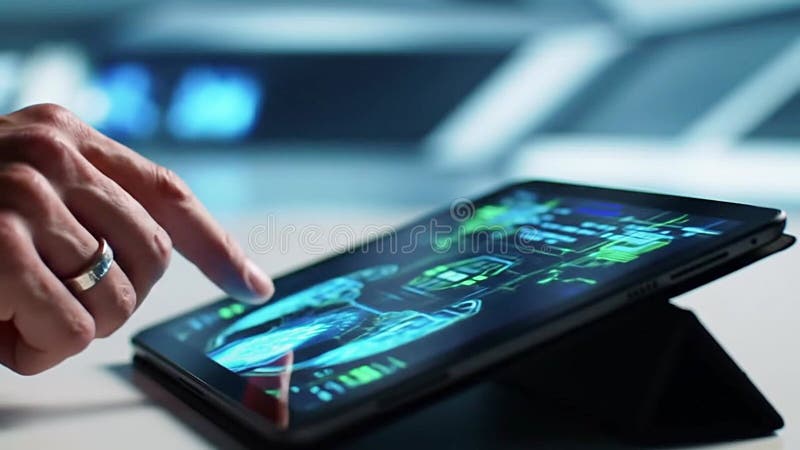 Close-Up of a Hand Interacting with a Futuristic Tablet Display Stock ...