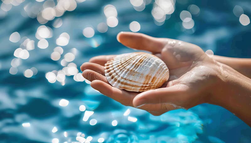 Close Up View of Hands Holding a Shell with a Sparkling Reflection from ...