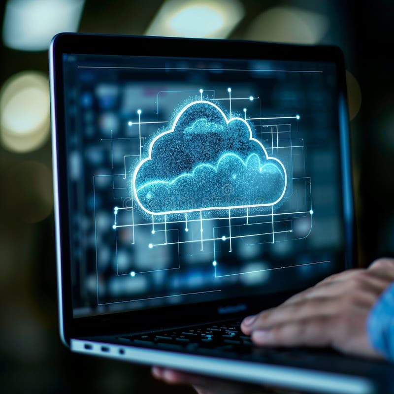 Close-up View of Hands on Laptop with Data Cloud and Its Connection ...