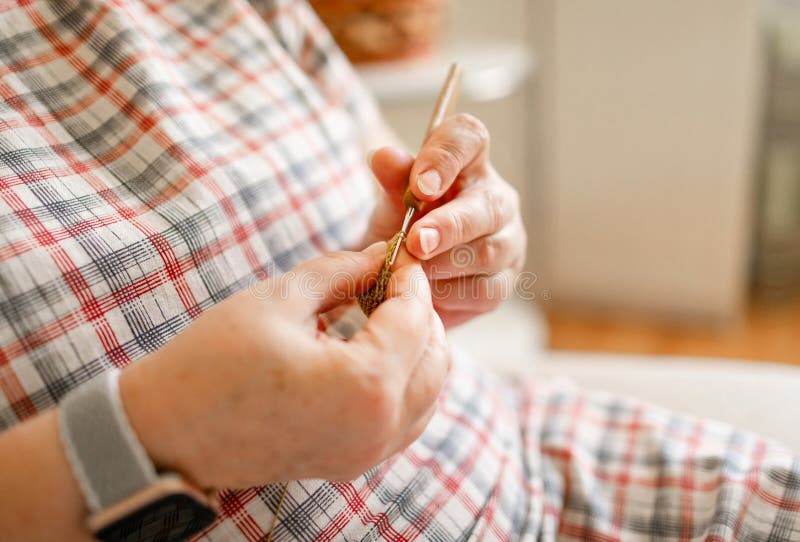 Close-up View of Hands of an Older Woman Crocheting Stock Image - Image ...